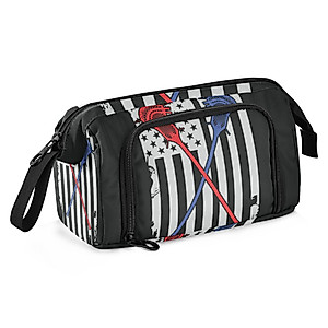 Glaphy American Flag with Lacrosse Hockey Pencil Case Large Capacity Pencil Pouch Bag Zipper Storage Stationery Bag for Office College School