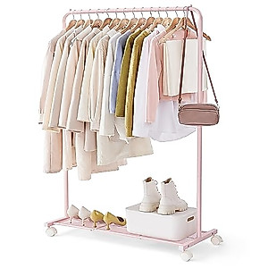 SONGMICS Clothes Rack with Wheels, 36 Inch Garment Rack, Clothing Rack for Hanging Clothes, with Dense Mesh Storage Shelf, 110 lb Load Capacity, 2 Brakes, Steel Frame, Jelly Pink UHSR025P01