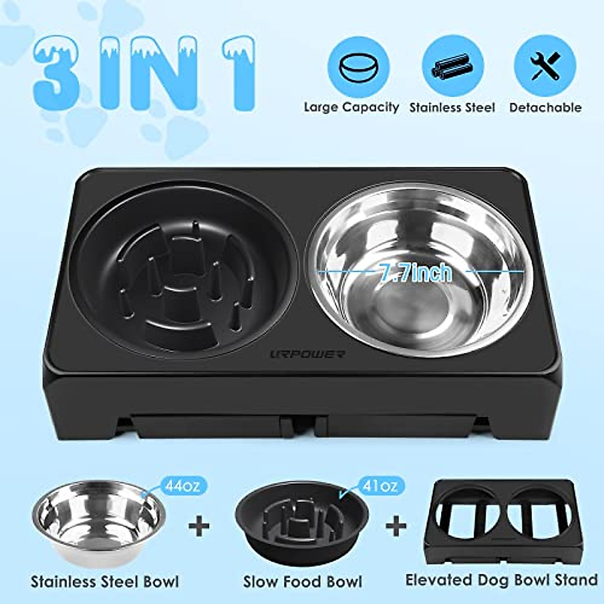 URPOWER Raised Slow Feeder Dog Bowls 4 Height Adjustable Elevated with Stainless Steel Water Bowl and Non-Slip Food Stand for Small Medium Large Dogs Pets
