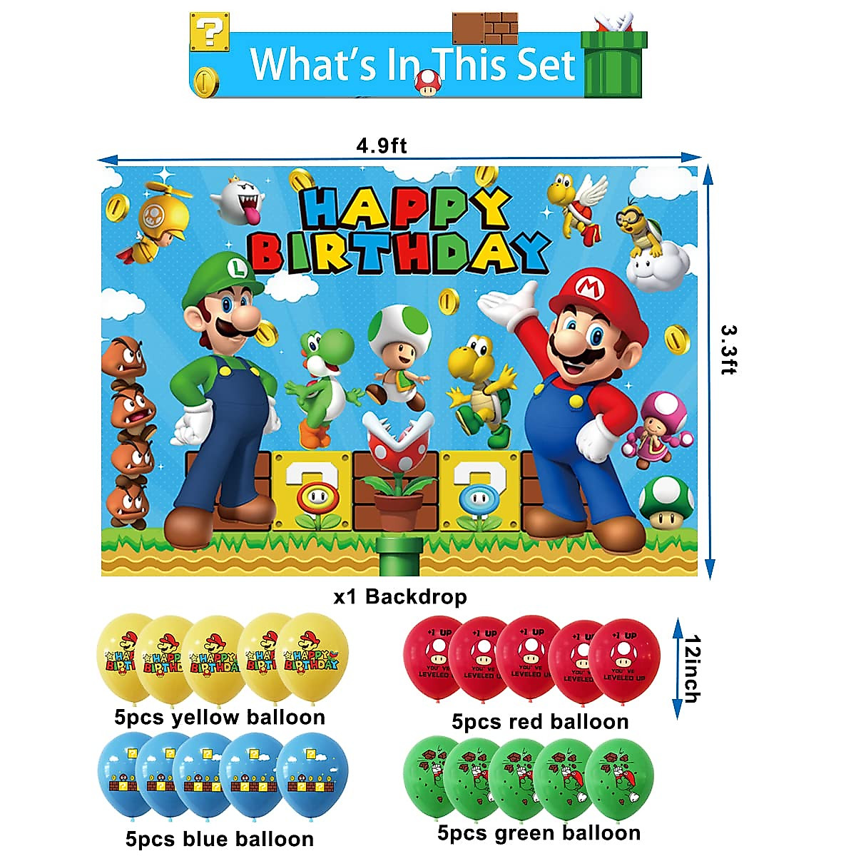 Mario Birthday Party Supplies Decorations Mario Backdrop Banner Cake Topper Balloons for Mario Birthday Party Favors
