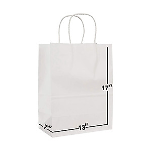 [25 Bags] 13 X 7 X 17 White Kraft Paper Gift Bags Bulk with Handles. Ideal for Shopping, Packaging, Retail, Party, Craft, Gifts, Wedding, Recycled, Business, Goody and Merchandise Bag