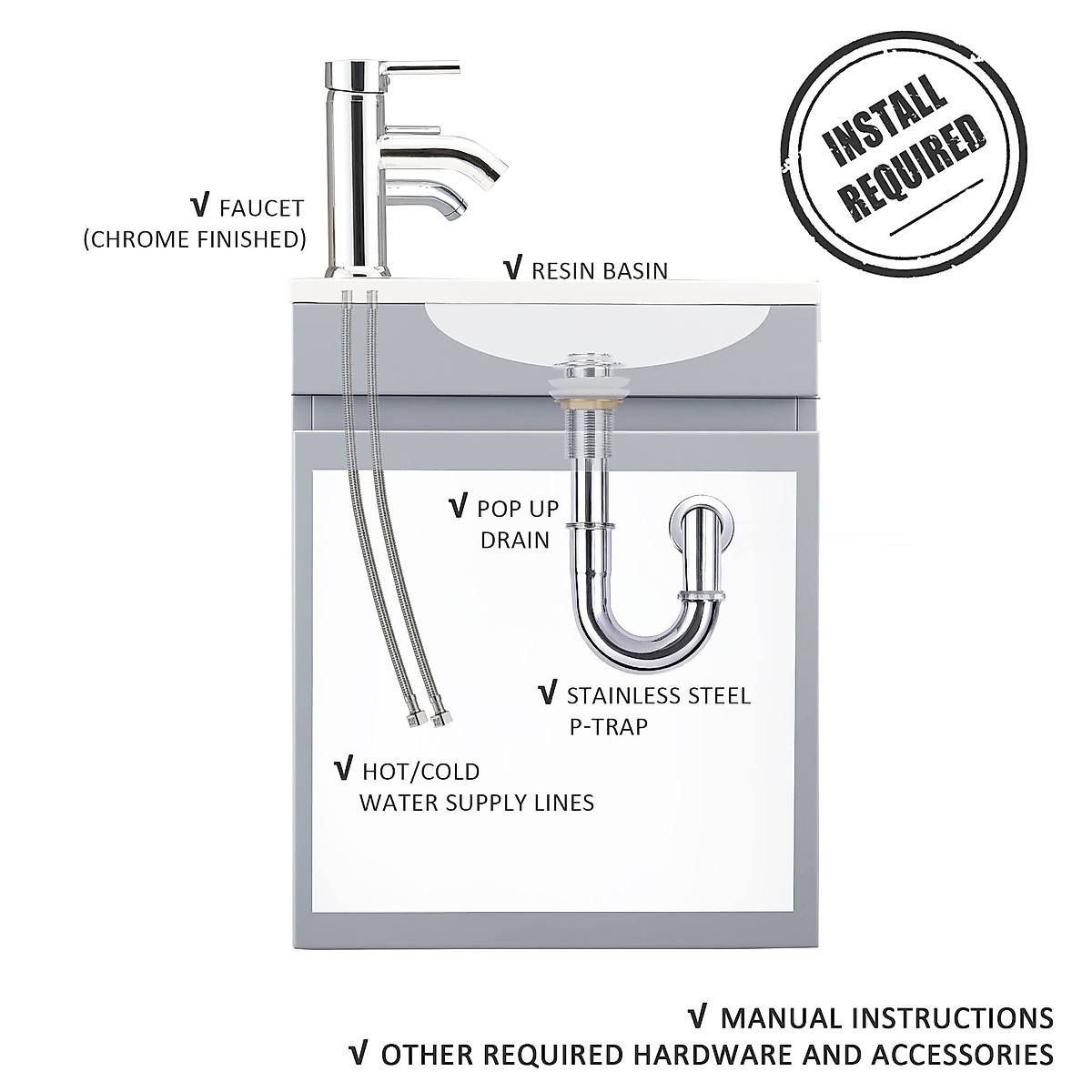 AHB 16" Bathroom Vanity W/Sink Combo for Small Space, Wall Mounted Bathroom Cabinet Set with Chrome Faucet Pop Up Drain U Shape Drain (Grey)…