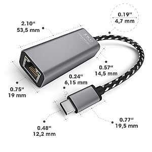 USB C Ethernet adapter with break-proof, full metal case (USB-C male to RJ45 LAN female, stable network/internet connectivity for notebook/MacBook/tablet at 1Gbit/s, 4in cable) by CableDirect