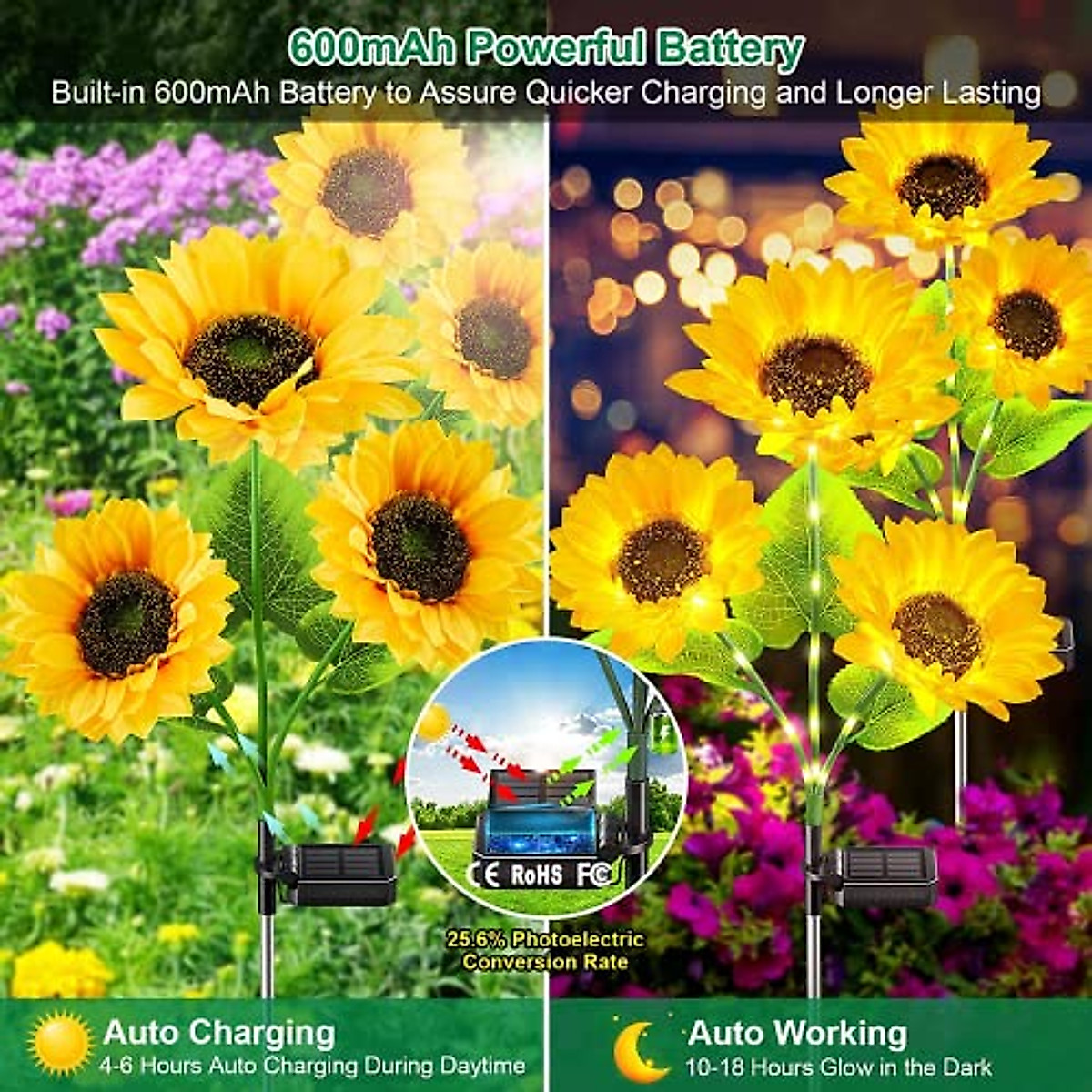 Instatrend 2 Pack Solar Sunflower Flower Lights Outdoor Garden Decorations with 6 Sunflower Waterproof Solar Flowers Stake Lights