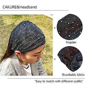 CAKURE Sequin Wide Headband Black Turban Headbands African Glitter Head Wraps Stretchy Bling Hair Wraps Hair Bands Yoga Running Sport Hair Accessories for Women and Girls
