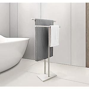 EADOT 40 Inches Standing Towel Rack Double-T Shape Bath Towel Sheet Holder with Marble Design Base for Bathroom Floor Next to Tub or Shower Towel Holder Stand SUS304 (Brushed Nickel)