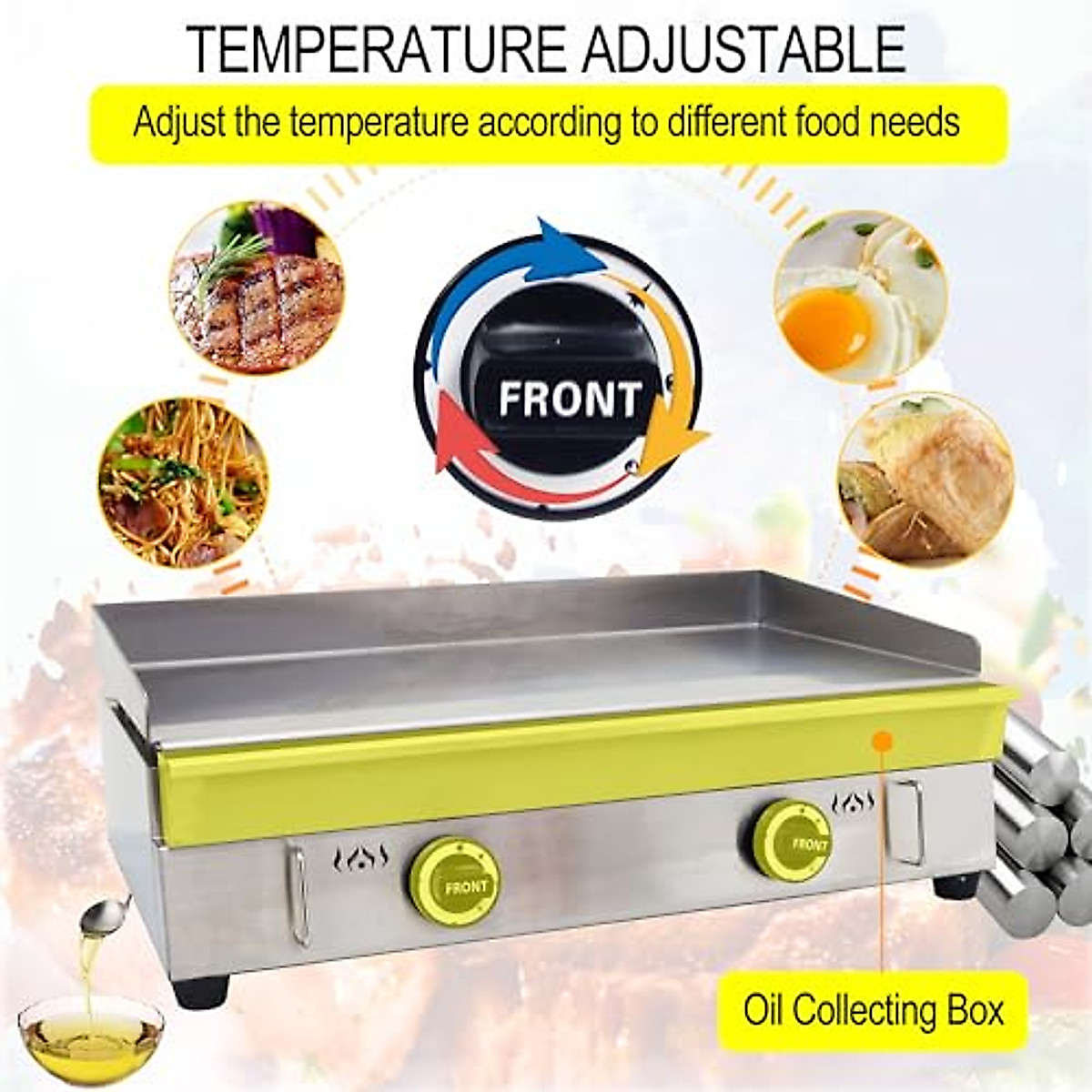 TECHTONGDA LPG Gas Countertop Flat Top Griddle Commercial Stainless Steel Griddle Grill Hot Plate BBQ Teppanyaki Grill with Adjustable Temperature Control for Restaurant Kitchen 2800Pa 28.94x16.14 in