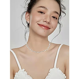 Enrwin Austrian Crystal Rhinestone Choker Necklace Dangle Earring Link Bracelet Jewelry Set for Brides Bridesmaid Prom Costume Accessories for Women (White-Platinum Plated)