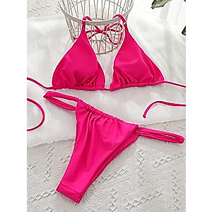 SheIn Women's Sexy 2 Pcs Ruched Triangle Bikini Bra with Thong Swimsuit Sets Hot Pink Medium