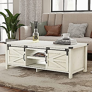 HOMFAMILIA Farmhouse Coffee Table with Sliding Barn Doors & Storage, White Rustic Wooden Center Rectangular Tables w/Adjustable Cabinet Shelves, for Bedroom, Home Office, Living Room