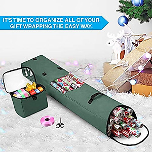 Primode Long Wrapping Paper Storage Bag Hanging | Heavy Duty Christmas Gift Wrap Storage Organizer with Detachable Accessory Tote Durable 600D Oxford (2PC Gift Wrap Case Set) 48"x 10"x 5" (Green)