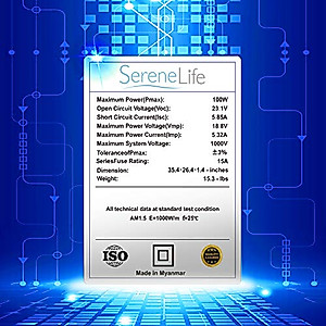 SereneLife 100W 12V Monocrystalline Portable Easy Mono Solar Panel Starter Kit w/ 3 ft 11AWG Cable Set-for Van, Campers, Golf Cart, Car Roof, Boat SLSPNL10