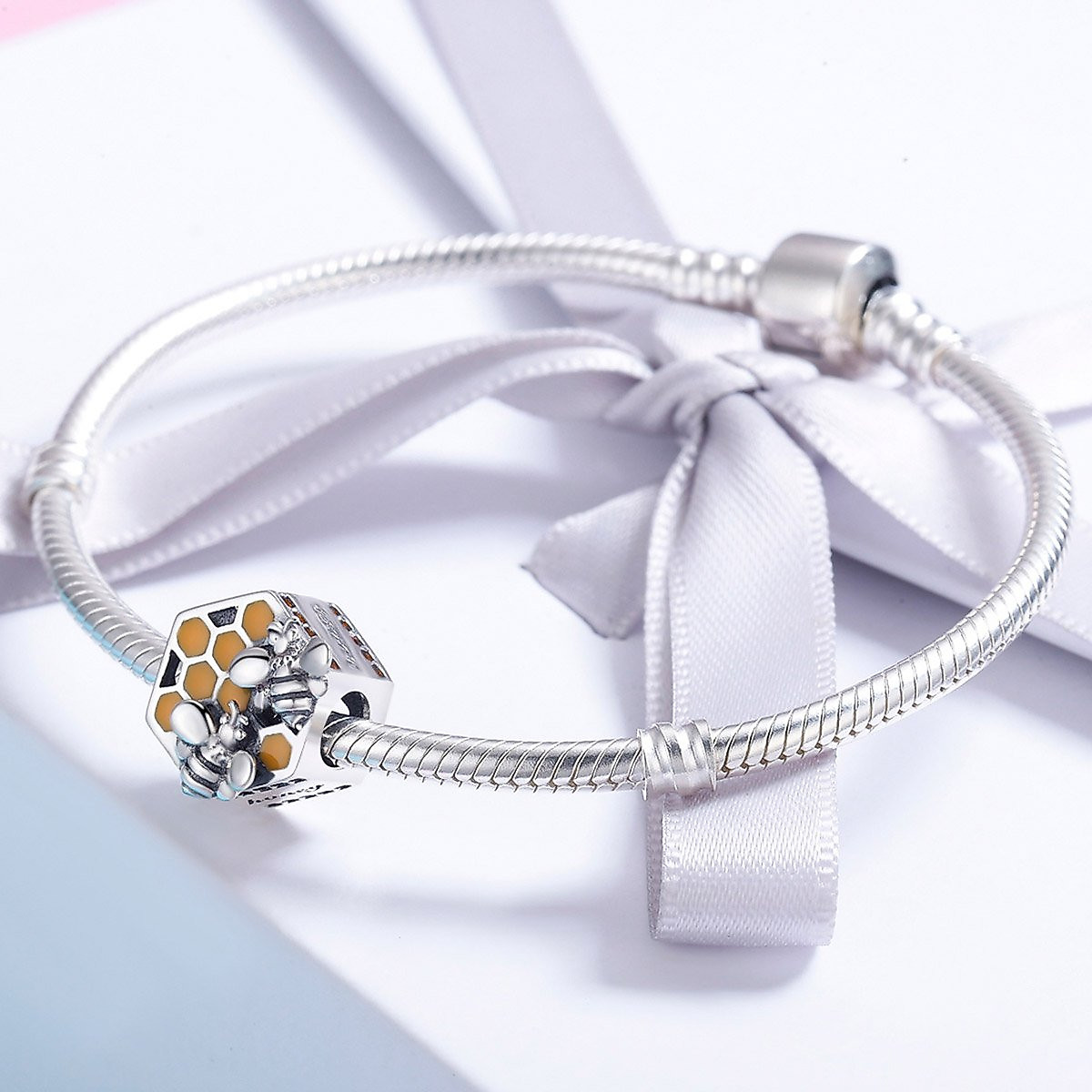 CHTLOR Bee Honeycomb Charm Beads 925 Sterling Silver Beads Fit for European Charm Bracelet