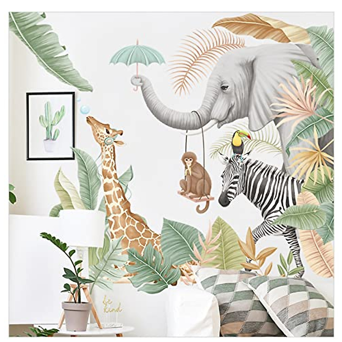 Africa Jungle Animal Wall Stickers,giraffe elephant Zebra Monkey plant Wall Decals, Peel and Stick Removable Wall decor, Diy Art Mural Decoration,Jungle Wallpaper for Kids Baby Nursery Kindergarten Living Room Toddler boys Girls Bedroom