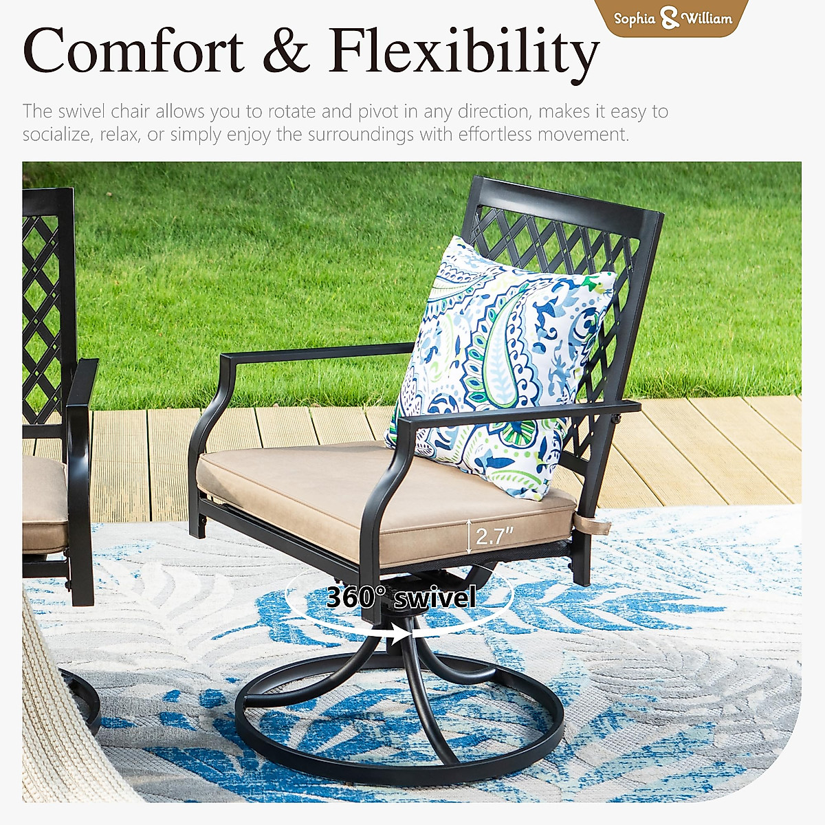 Sophia & William Outdoor Dining Set of 9, Large Square Patio Dining Table with 8 Swivel Rocking Dining Chairs with Cushion, Metal Black sOutdoor Table and Chairs for Garden Backyard Bistro