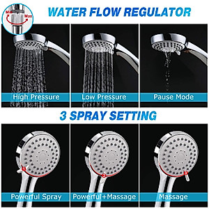Shower Head, High Pressure 8'' Rainfall Stainless Steel Shower Head/Handheld Combo with 60'' Hose Anti-leak Shower Head with Holder, Flow Regulator, Chrome, 4 Shower Hooks (8'' Showerhead Set, Sliver)
