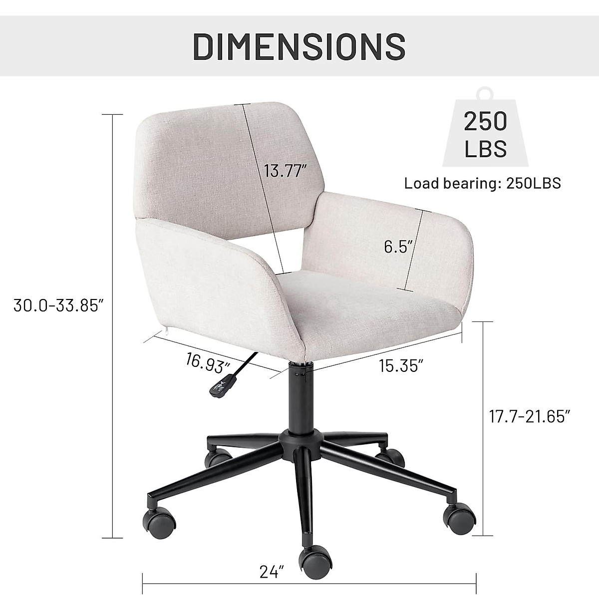 FurnitureR Home Office Chair, Fabric Upholstered Vanity Chairs with Rolling Wheels, Adjustable Study Desk Chair Mid Back Task Chair for Living Room, Bedroom, Small Spaces - Beige