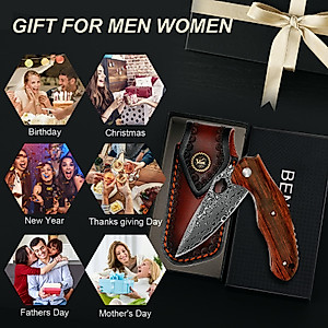 Benkey Damascus Folding Knife, Sharp VG10 Core Damascus Steel Pocket Knives with Natural Wood Handle, Quality Leather Sheath, Ball Bearing, Liner Lock, Lightweight Pocket Knife for EDC Men Women