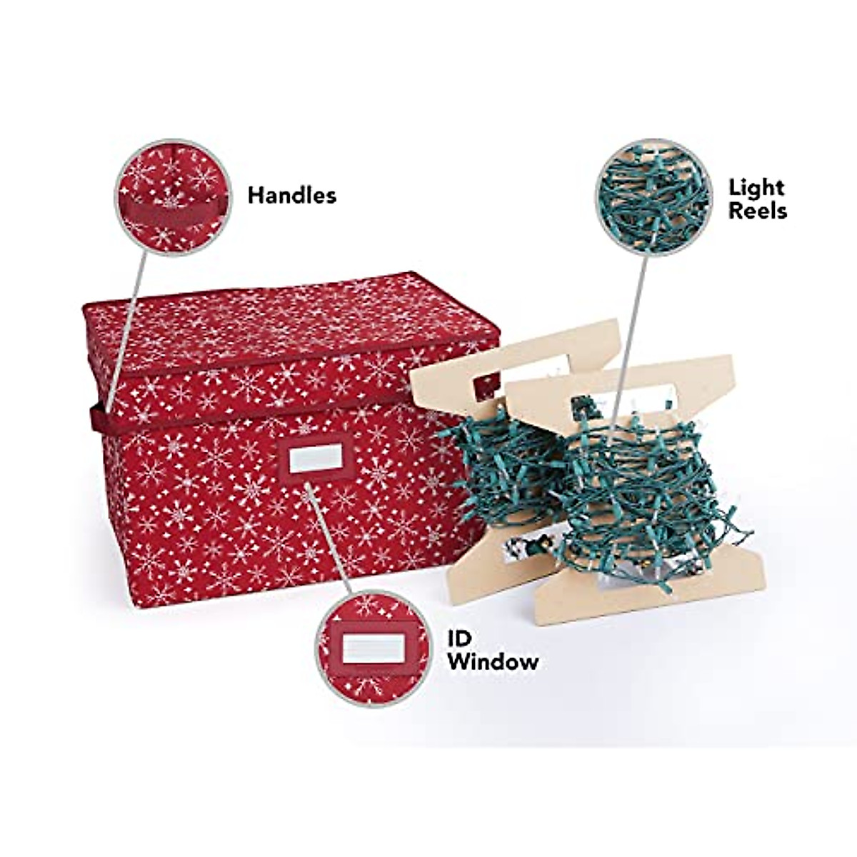 Covermates Keepsakes Christmas Light Storage Box - Carrying Handles, Sturdy Interior Walls - Holiday Storage-Red Snowflake