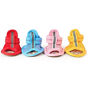 Guoainn 4Pcs Rubber Sole Mesh Cotton Breathable Anti-Skid Pet Shoes Dog Puppy Sandals Red 1#