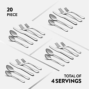 20-Piece Stainless Steel Silverware Set - Attractive Mirror Finished Flatware Set - Serving for 4, Classic Cutlery set for Home/Restaurant - Includes Spoons, Forks & Knifes - Dishwasher Safe Utensils