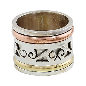 NOVICA Artisan Handmade Sterling Silver Meditation Spinner Ring Copper Brass Indian Spiral No Stone [band Width 15 mm W] ' Spinning Clouds'