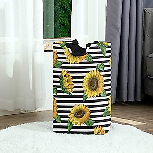 Aflyko Sunflower Black and White Stripes Laundry Basket Foldable Waterproof Laundry Hamper Large Storage Basket with Handles for Bathroom Washhouse Home Decor