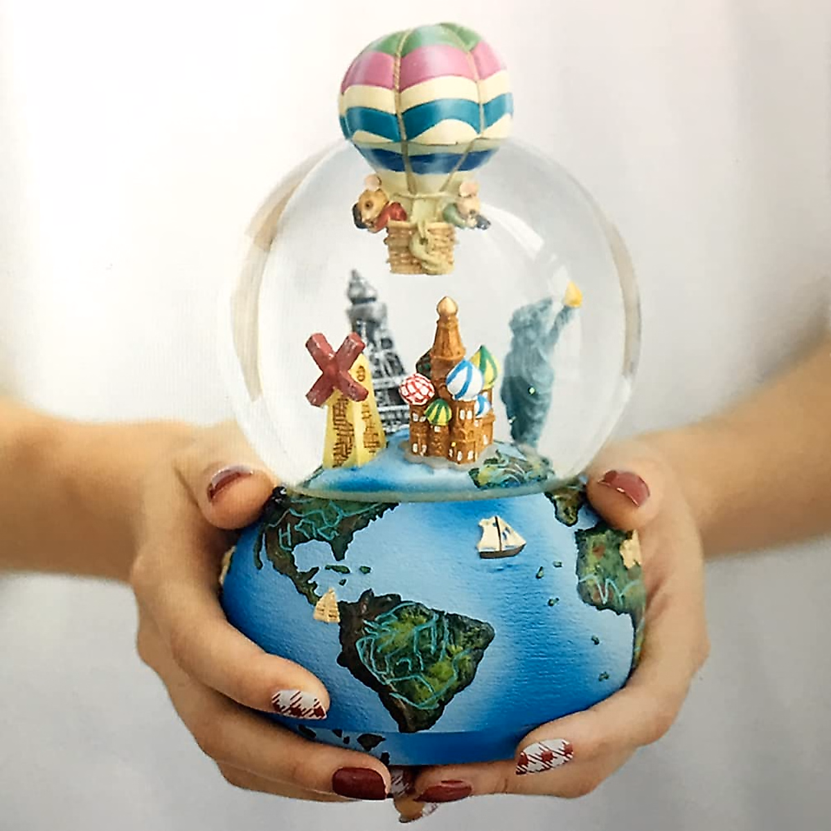 Snow Globe Valentine's Day with Music for Kids Boys Girls Women Adults Unique Gift 3D Hot Air Balloon Snowglobes Around The World Travel Rotating Christmas Music Box Decorations