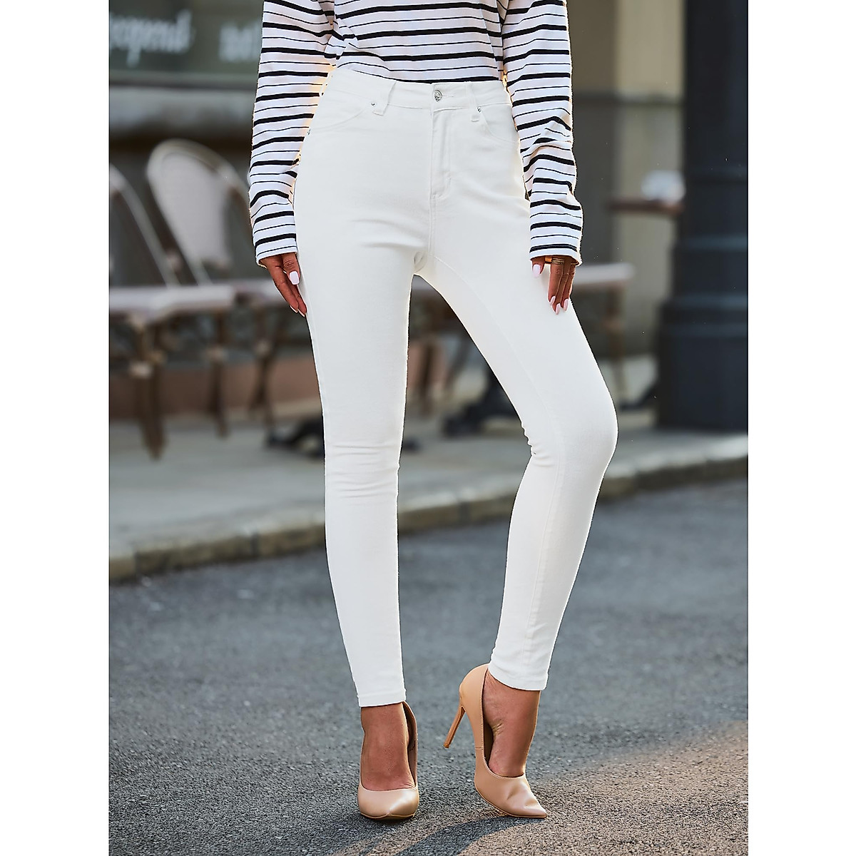 GRAPENT Womens Pants - Slim Fit Denim Leggings, Western Outfit, Skinny Jeans, Off White, XXL/22