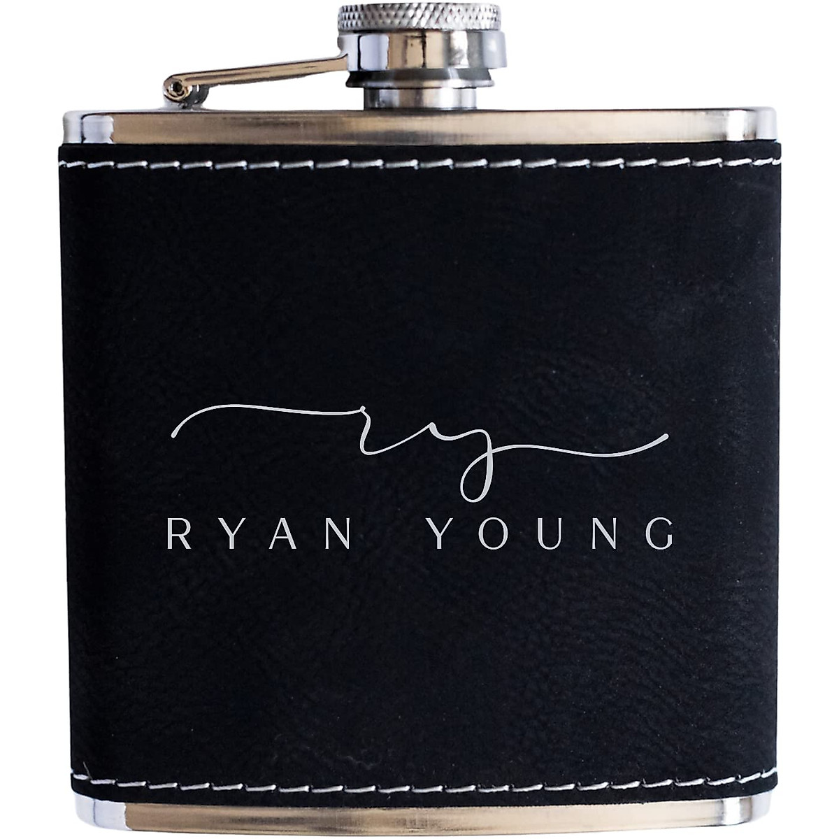 Personalized Flask For Wedding Gift. Customized Flask Gift Set. Engraved Leatherette Flask With Optional Gift Box For Groomsmen Gifts. Engraved Flask (Black & Silver)