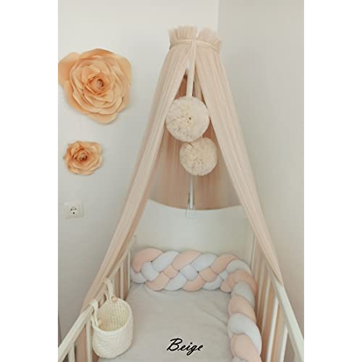 Soft canopy for nursery with holder and pompoms, Kids hanging tent for bedroom, Bed canopy, crib canopy, baby room decor, Nook baldachin (Dusty Pink)
