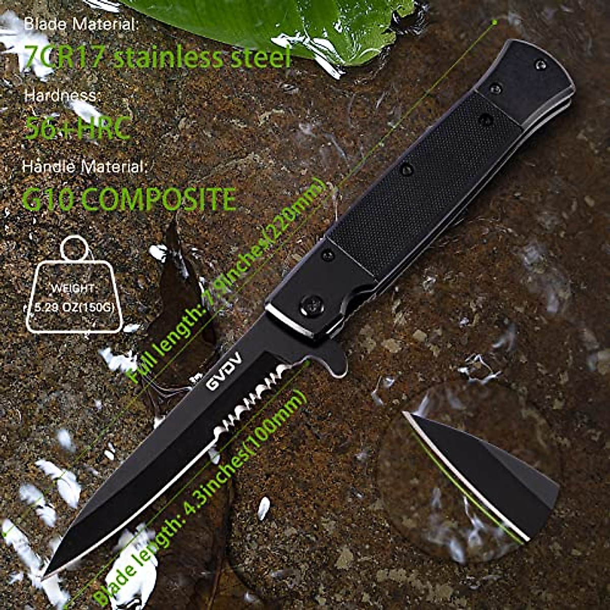 GVDV Folding Pocket Knife with G10 Handle, 7CR17 Stainless Steel EDC Knife with Safety Liner Lock, Hunting Camping Hiking Fishing Knife, Father's Day Gifts for Men Dad, Serrated