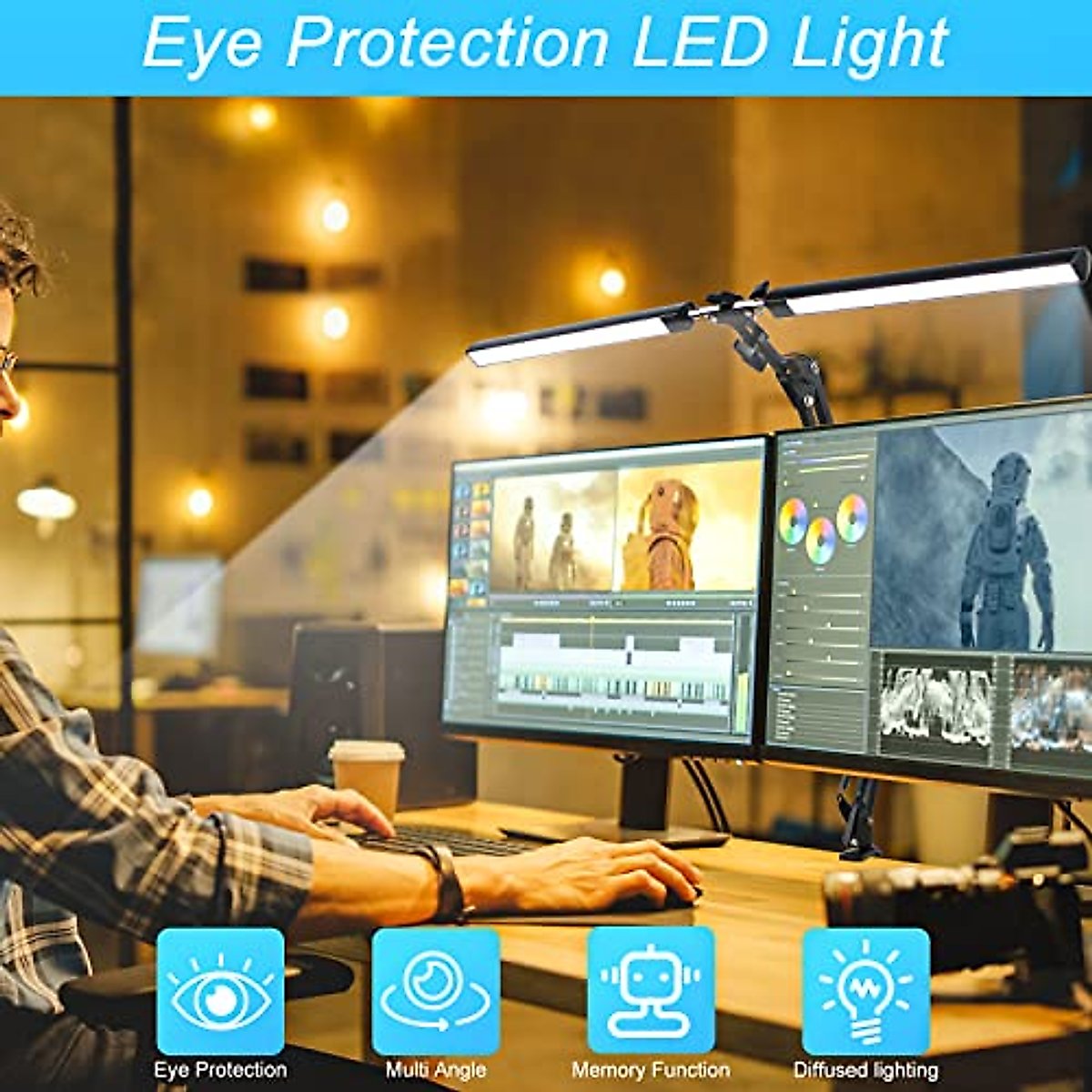 Double Head LED Desk Lamp, Swing Arm Desk Light with Clamp & Adapter, Architect LED Desk Lamps, Eye-Caring Table Lamp with 3 Color Modes & 10 Brightness Levels, Adjustable Desk Lamp for Home or Office