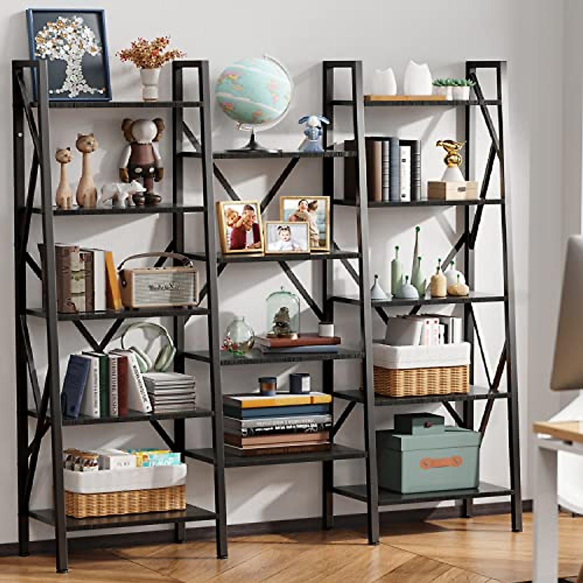 Gizoon Modern Triple Wide 5 Tiers Bookshelf with Storage,Industrial Bookcase with 14 Open Display Shelves, Large Etagere for Living Room/Home/Office-Black