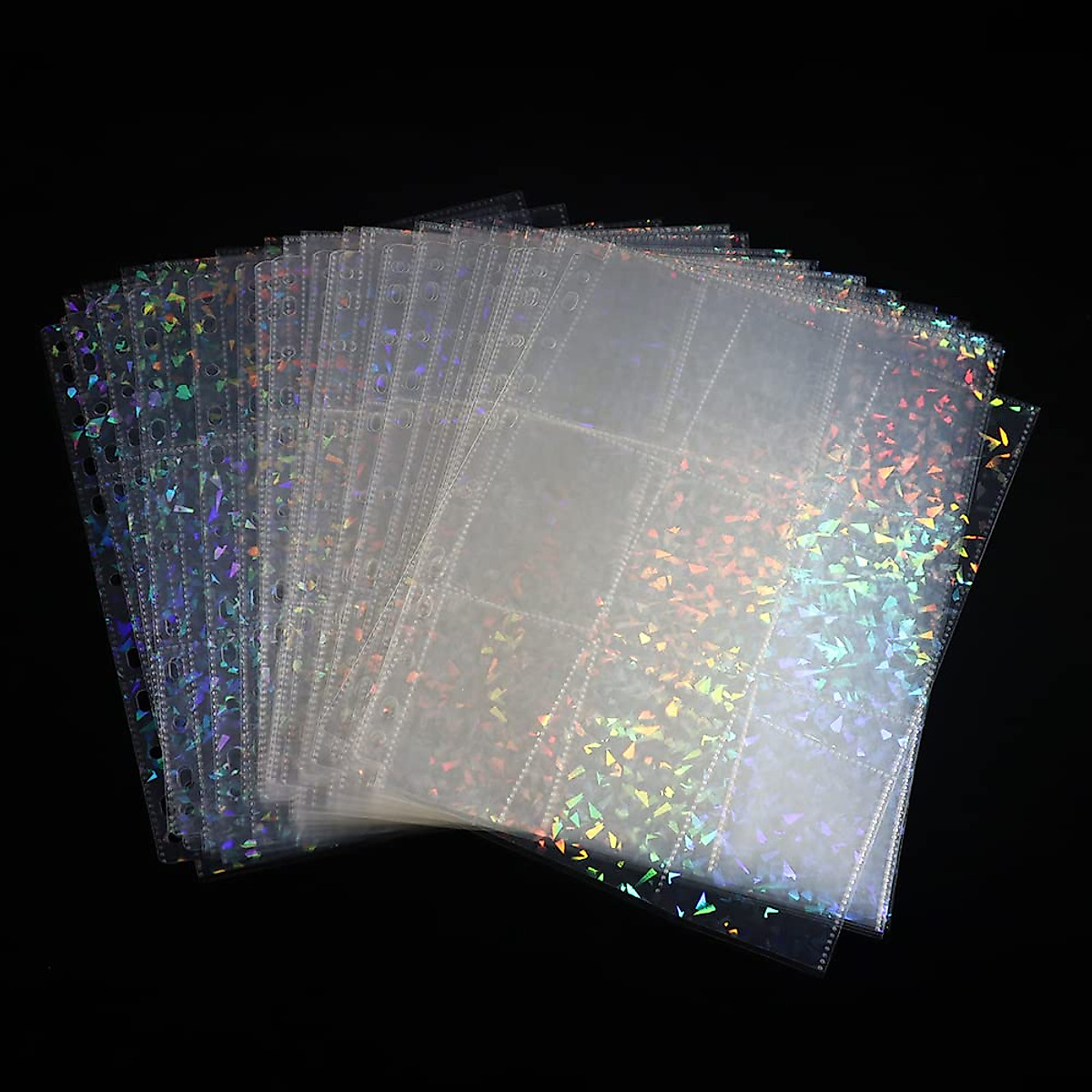30PCS Holographic Trading Card Sleeve Pages Gemstone Foil Card Sleeves 9 Pockets Fit 3 Ring Binder Pages (Clear foil Card Pages)