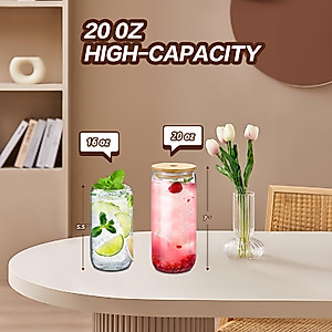 DAMCONME 20 Oz Glass Cups with Lids and Straws 2Pcs,Glass Iced Coffee Cups,20 Oz Glass Tumbler,Glass with Bamboo Lid and Straw for Smoothie,Cocktail Beer, Whiskey,Soda(2 Clean Brush)