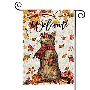 AVOIN colorlife Fall Cat Welcome Garden Flag Double Sided, Maple Leaves Pumpkin Autumn Thanksgiving Holiday Yard Outdoor Decoration 12x18 Inch