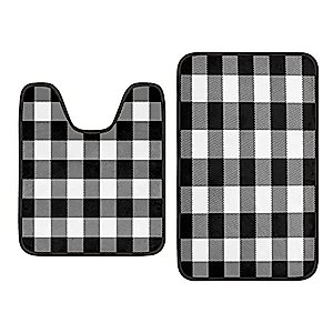 Black and White Plaid Bathroom Rugs Mats Set of 2, Buffalo Check 2 Piece Bath Mats for Bathroom, Absorbent Non Slip Soft Bath Toilet Contour Mat Shower Rugs Decorations for Kitchen Bedroom Indoor
