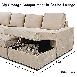 THSUPER Sectional Sleeper Sofa with Pull Out Bed and Storage Chaise, U Shape Sectional Sofa Bed, Oversized Sectional Sleeper Couch for Living Room Beige