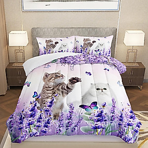 AILONEN Cat Comforter Set Queen Size, 3D Cute Cat with Butterfly Bedding Set for Kids Girls,Watercolor Purple Flowers Bed in a Bag,Kawaii Animal Duvet Set,3 PCS,1 Quilt and 2 Pillowcases