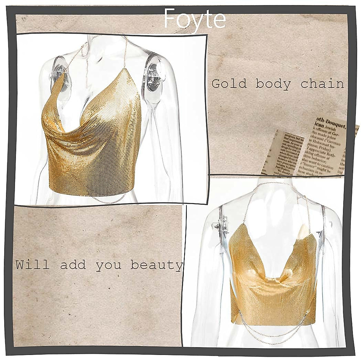 Fairyu Boho Sequins Body Chain Bra Bikini Shimmer Backless Halter Crop Top Beach Body Jewelry Accessory for Women and Girls (Gold)