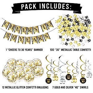 30th Birthday and Anniversary Decorations Party Pack - Cheers to 30 Years Banner, Balloons, Swirls and Confetti Party Supplies