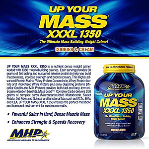 Maximum Human Performance MHP UYM XXXL 1350 Mass Building Weight Gainer, Muscle Mass Gains, w/50g Protein, High Calories, 11g BCAAs, Leucine, Cookies & Cream, 8 Servings, 6lb