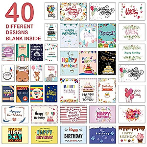 feela Birthday Cards, 40 Pack 40 Designs Happy Birthday Card Assorted Bulk with 40 Blank Envelopes 48 Pieces of Stickers 2 Washi Tapes, 4 X 6 Inches Greeting Cards For Girls Family Friends