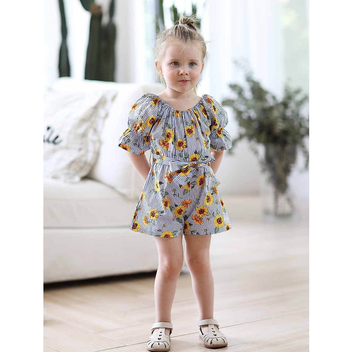 YOUNGER TREE Kids Toddler Baby Girls Summer Outfit Off-Shoulder Sunflower Overall Romper Jumpsuit Short Trousers Clothes (Sunflower, 18-24 Months)