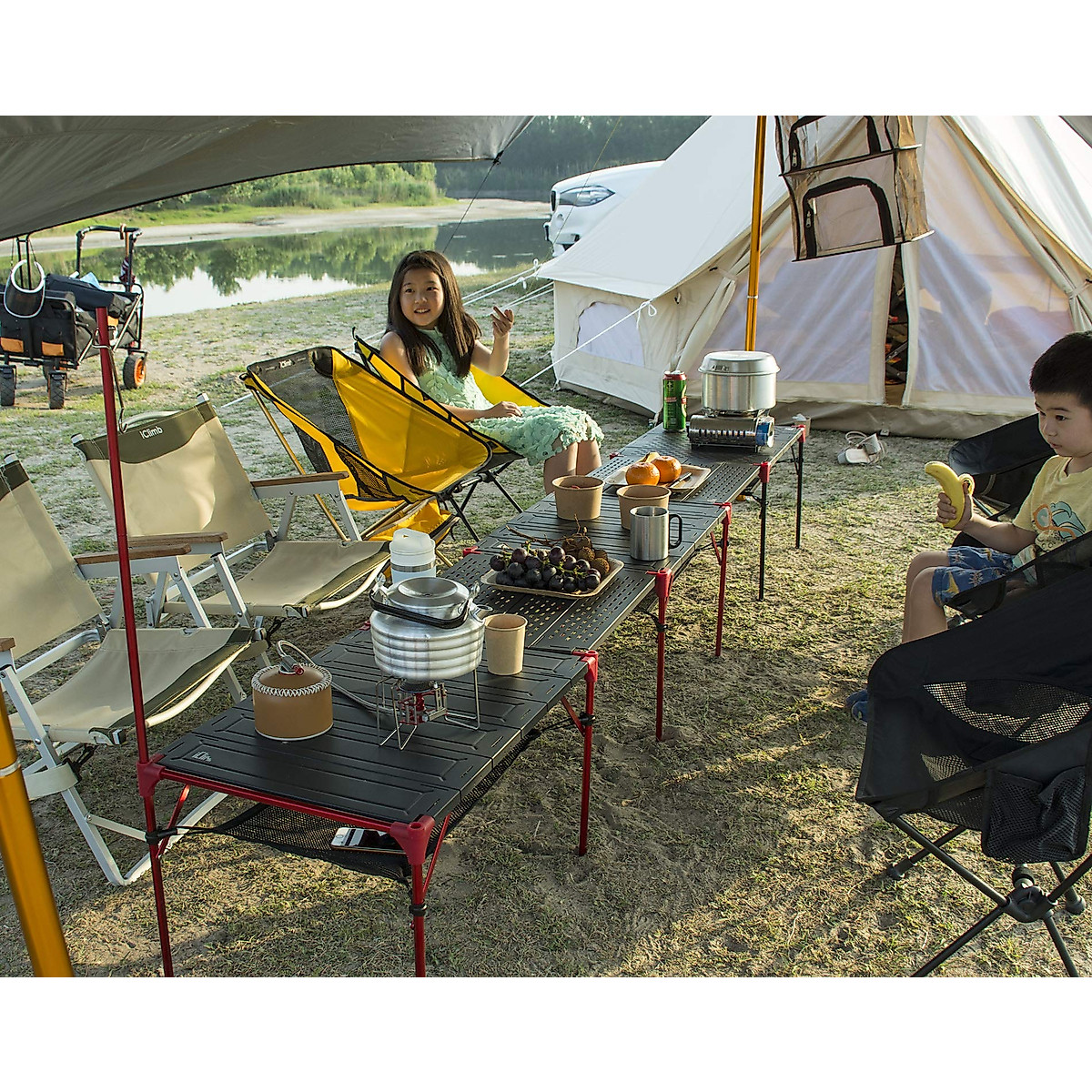 iClimb Extendable Folding Table Large Tabletop Area Ultralight Compact with Hollow Out Tabletop for Camping Backpacking Beach Concert BBQ Party, Three Size (Black - S + Hanger)