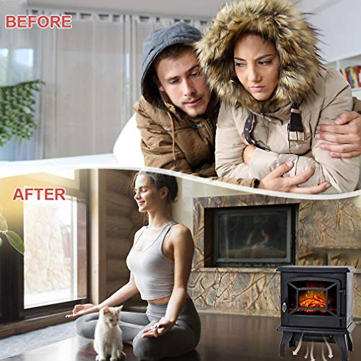 BMS 20" Electric Fireplace Heater Portable Indoor Electric Stove Heater with Freestanding 3D Flame Effect 1400W CSA Approved Safety for Home,Office,Bedroom,Living Room,Basement, Black