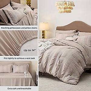 Bedsure Twin Bed in A Bag - Twin Comforter Sets 6 Piece Stripes Seersucker Bedding Set, Soft Lightweight Down Alternative Comforter Twin Bed Set(Khaki 68x88 inch)