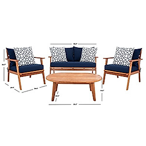 SAFAVIEH Outdoor Collection Deacon Acacia Wood Cushion 4-Piece Conversation Patio Set with Accent Pillows PAT7050E, Navy/Natural