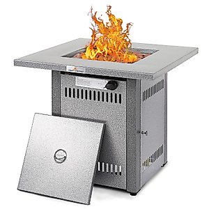 LEGACY HEATING 28" Propane Fire Pit Table, Gas Fire Pits for Outside Patio, Gas Fireplace, 50,000 BTU 28" Square Fire Table with Lid and Lava Rock, Silver
